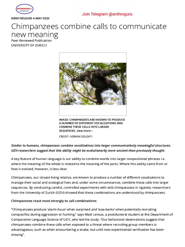 Chimpanzees Combine Calls To Communicate | PDF | Chimpanzee | Cognitive ...