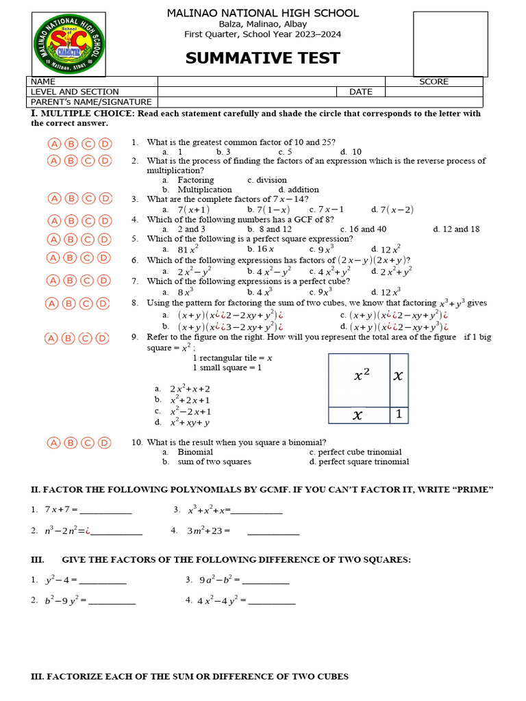 Summative Test | PDF | Factorization | Mathematical Analysis
