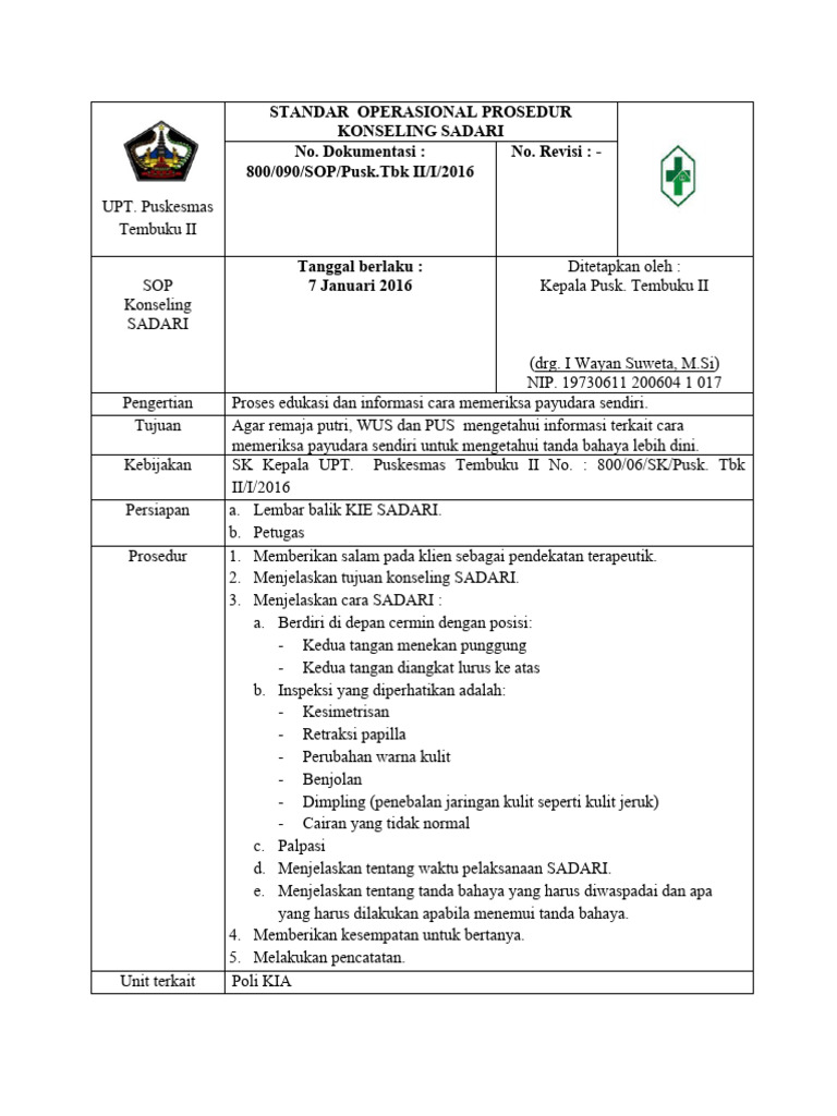 SOP Konseling SADARI Puskesmas Tembuku II | PDF