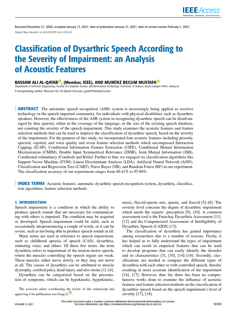Classification of Dysarthric Speech According To The Severity of ...