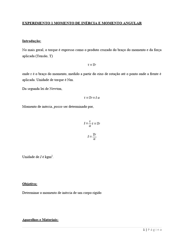 Phy 210 Experimento 1 Momento de Inércia e Momento Angular | PDF | Torque | Ciências Físicas