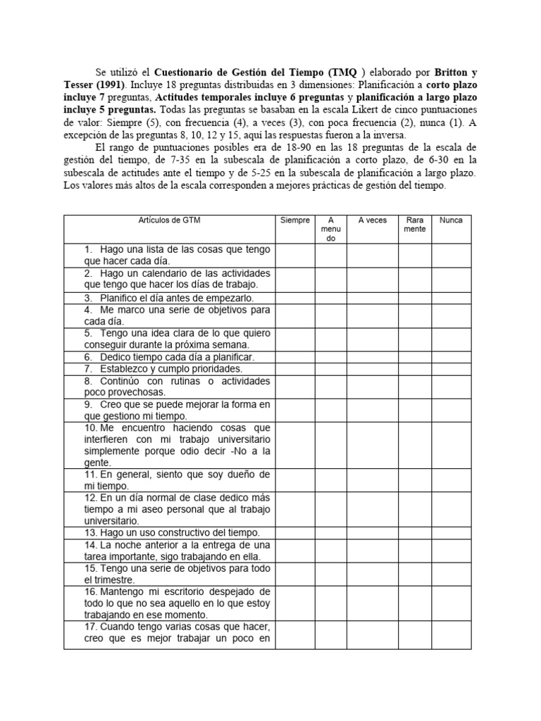 El Cuestionario de Gestión Del Tiempo | PDF | Gestión del tiempo | Habilidades profesionales