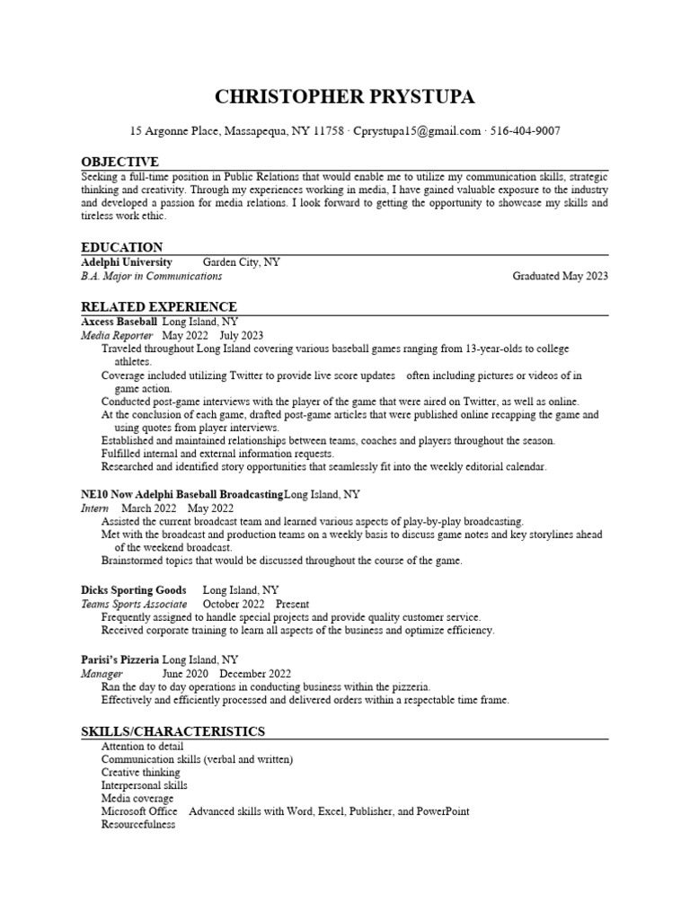 Public Relations Resume of Christopher Prystupa | PDF