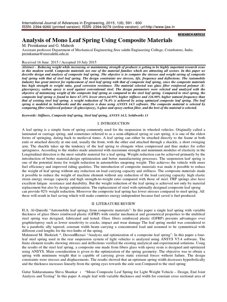 Analysis of Mono Leaf Spring Using Composite Materials | PDF | Composite Material | Engineering