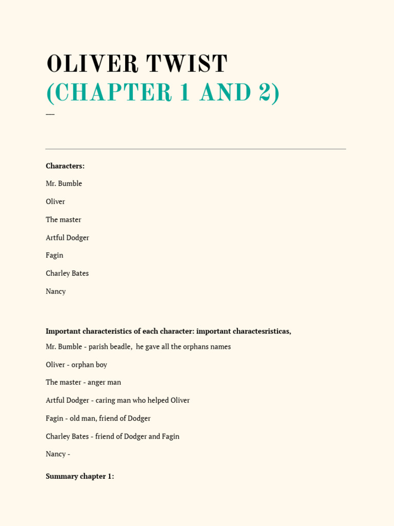 Oliver Twist Chapter 1 and 2 | PDF