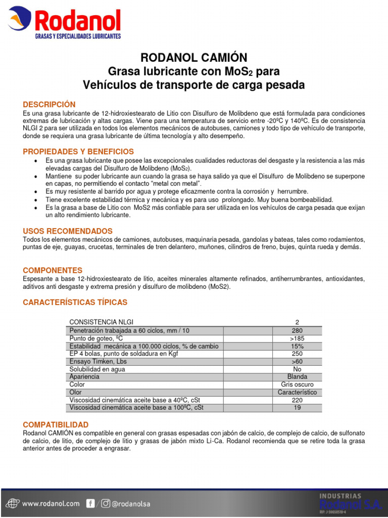Hoja Tecnica Rodanol Camion | PDF | Lubricante | Materiales