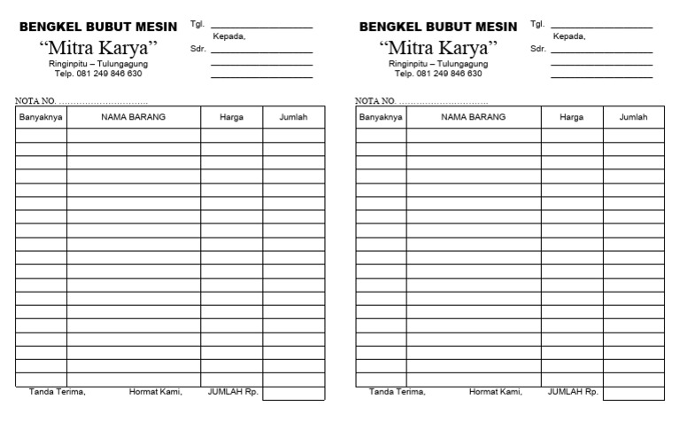 Nota Bengkel Bubut Mesin - Mitra Karya | PDF