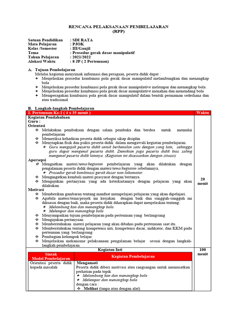 RPP 3 Pola Gerak Dasar Manipulatif | PDF