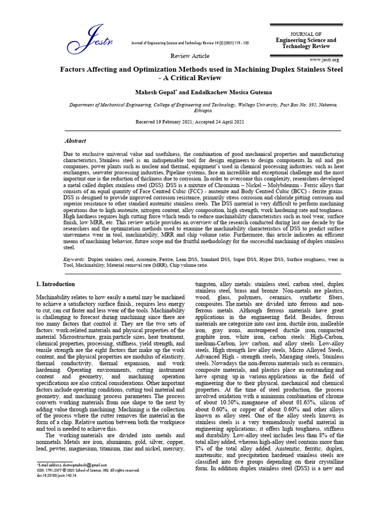 Factors Affecting And Optimization Methods Used In Machining Duplex Stainless Steel Pdf