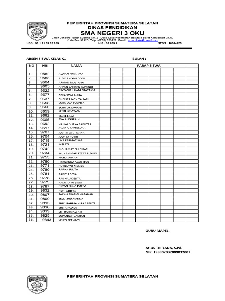 ABSEN PARAF SISWA KELAS YANA | PDF