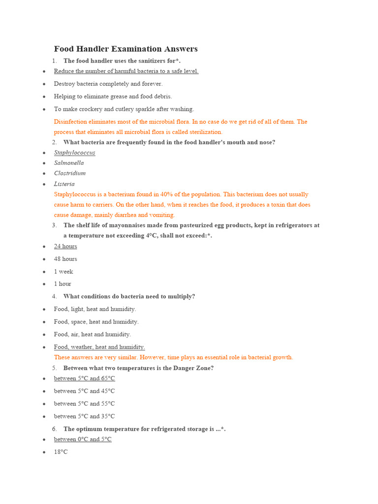 Food Handler Exam Answers | PDF | Bacteria | Disinfectant