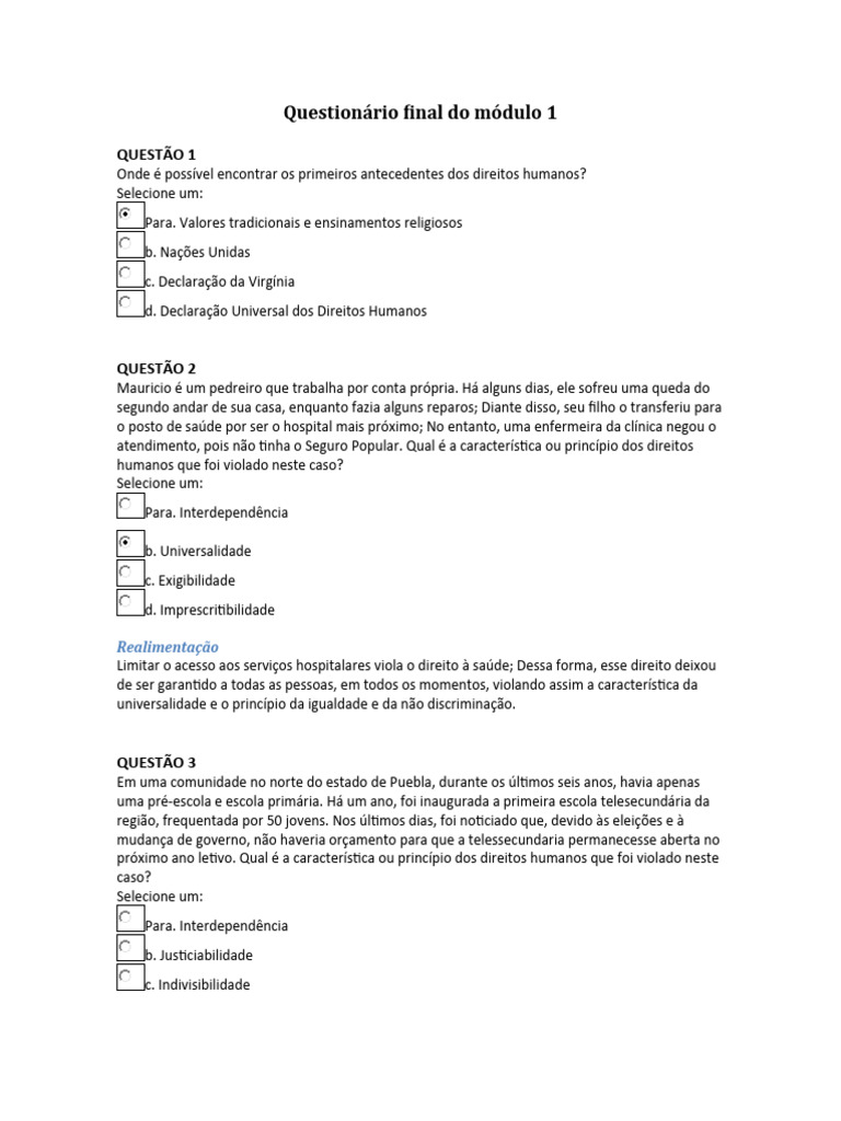 Questionário Final Do Módulo 1 | PDF | Direitos Humanos | Humano