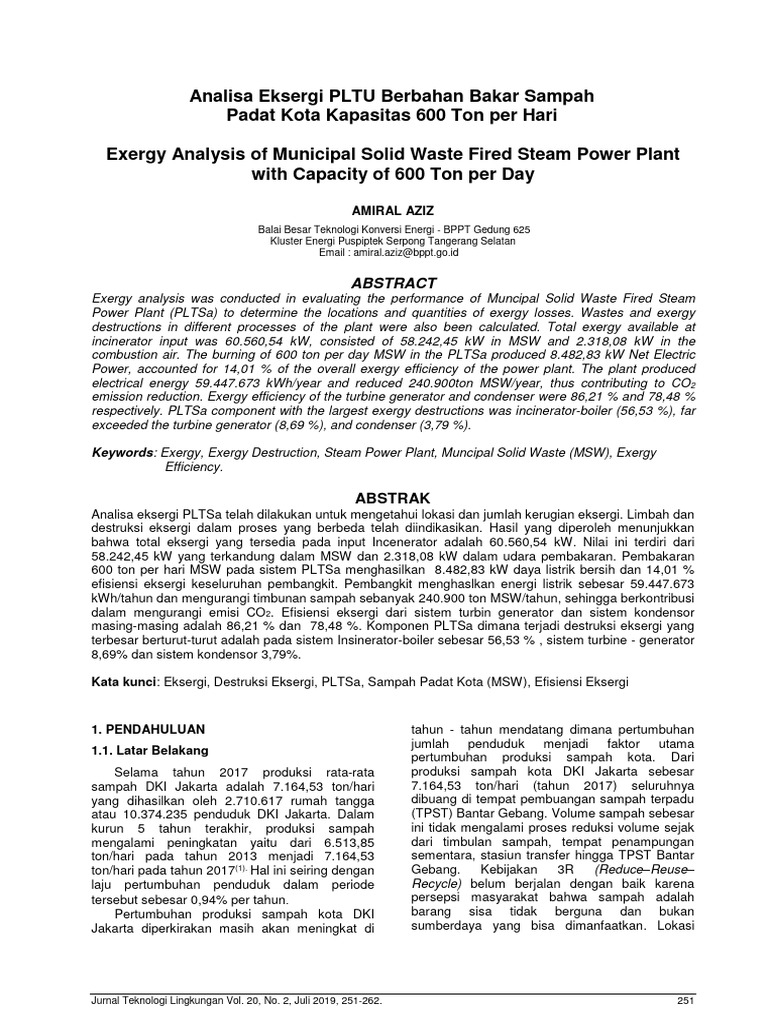 Analisis Eksergi PLTSa 600 Ton/hari | PDF
