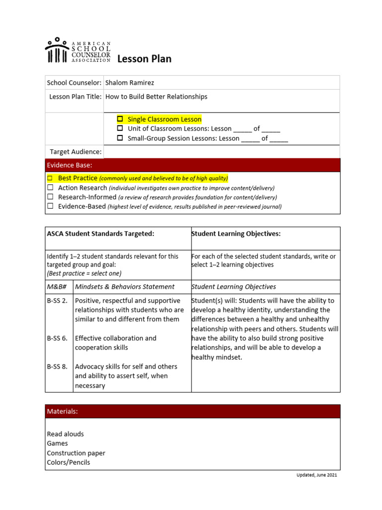 Sel Lesson Plan | PDF | Career & Growth
