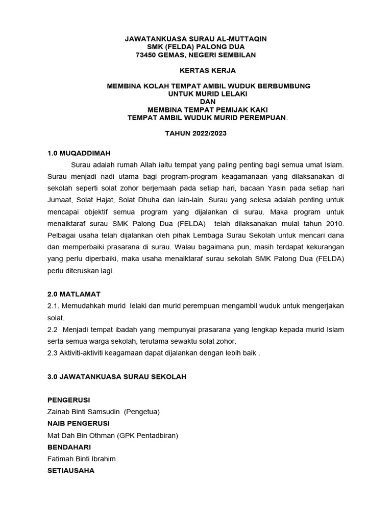 KERTAS KERJA BINA KOLAH TEMPAT WUDUK PELAJAR LELAKI 2022 | PDF