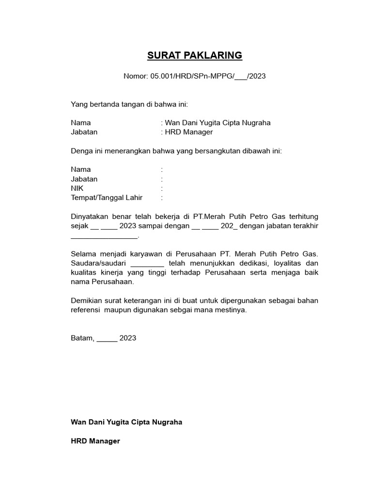 Draft Surat Paklaring PT. MPPG | PDF