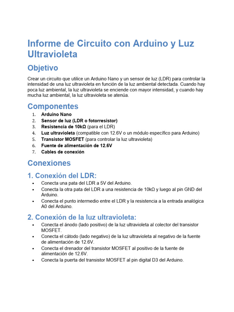 Informe de Circuito Con Arduino y Luz Ultravioleta: Objetivo | PDF