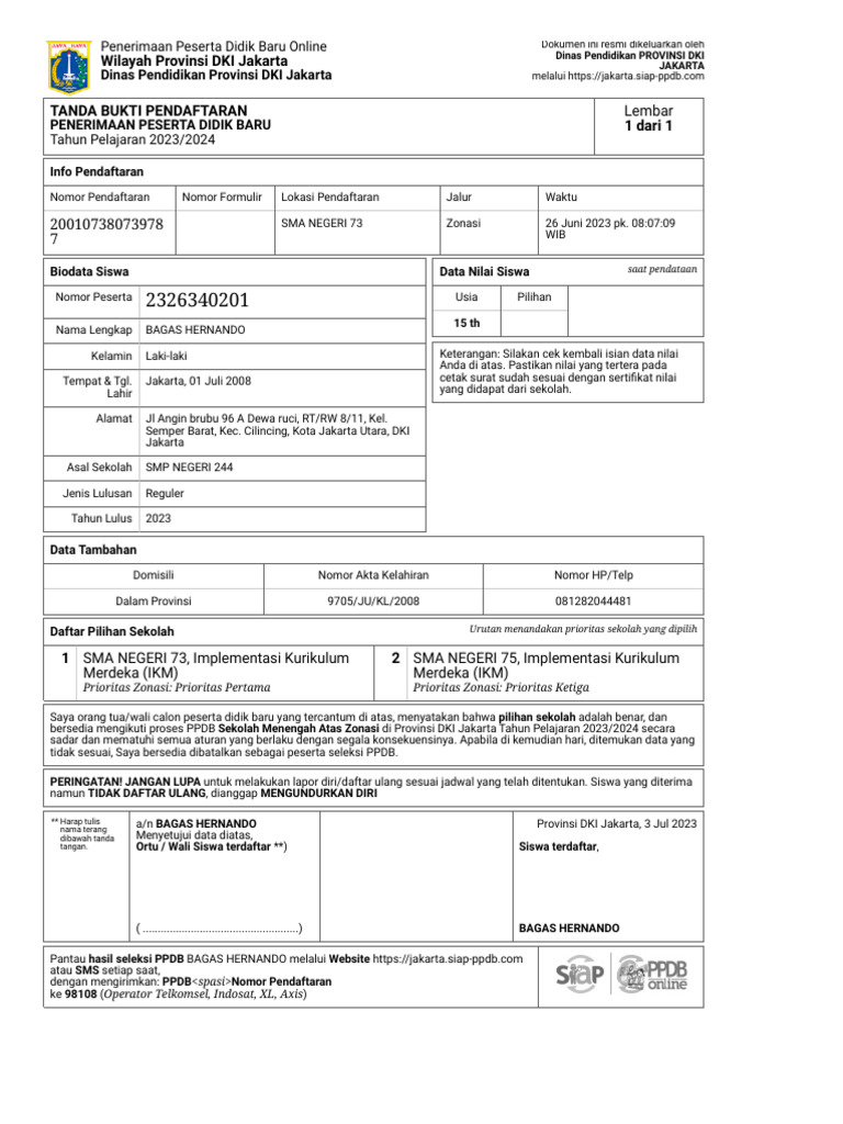 Tanda Bukti Pendaftaran - 2326340201 - BAGAS HERNANDO | PDF
