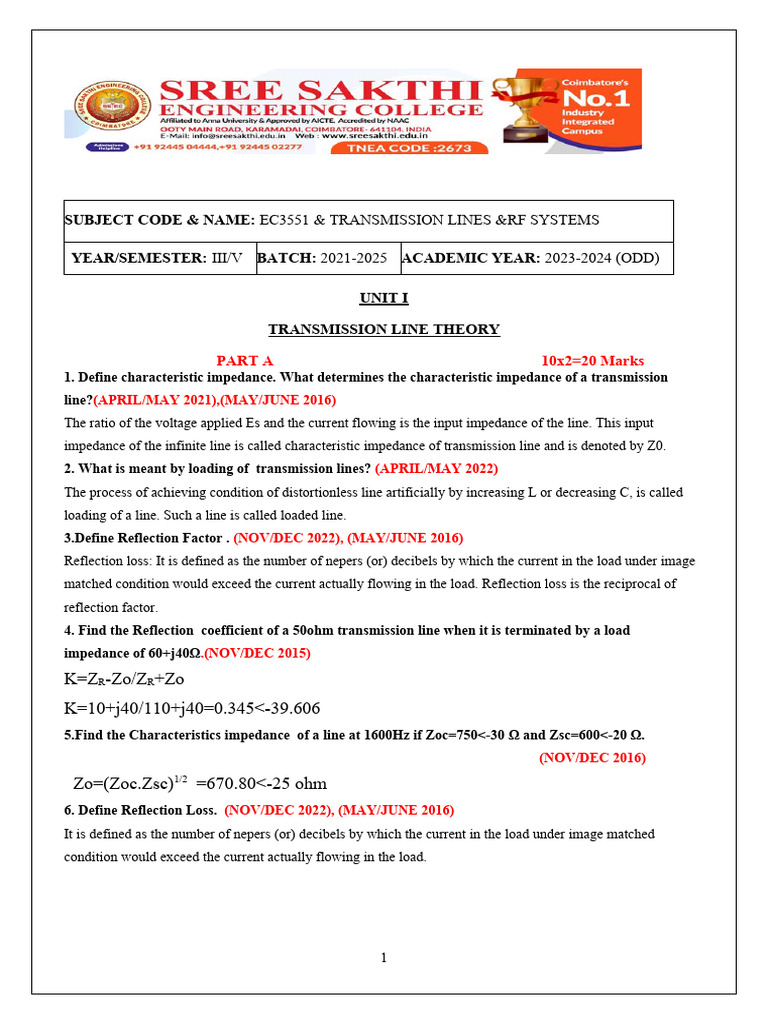 Ec3551 TLRF Unit-1 QB | Download Free PDF | Transmission Line | Telecommunications Engineering