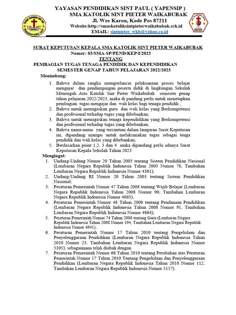 SK Pembagian Tugas Semester Genap TP.2022-2023 | PDF