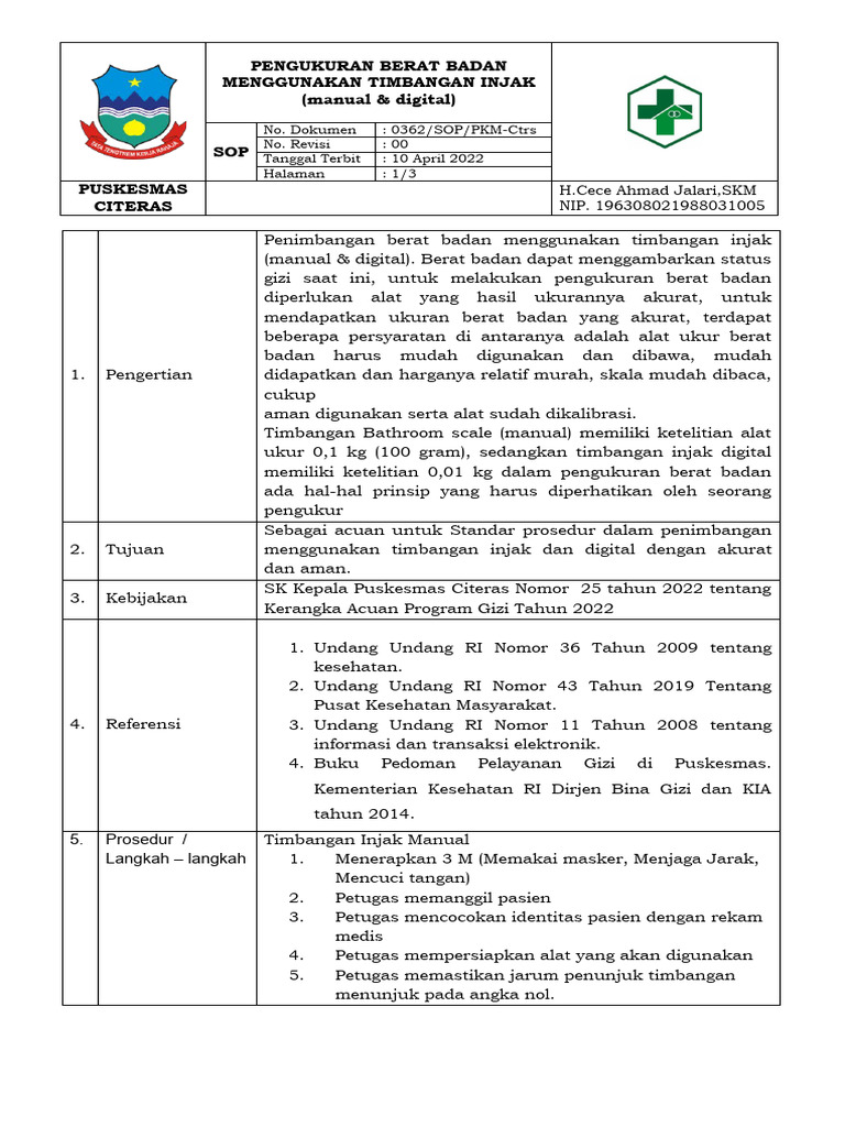 Sop Pengukuran Berat Badan Menggunakan Timbangan Injak (Manual & Digital) | PDF