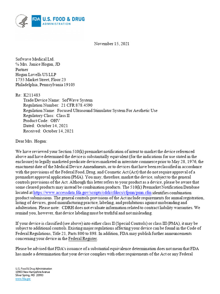 FDA Sofwave | PDF | Federal Food | Food And Drug Administration FDA Sofwave | PDF | Federal Food | Food And Drug Administration