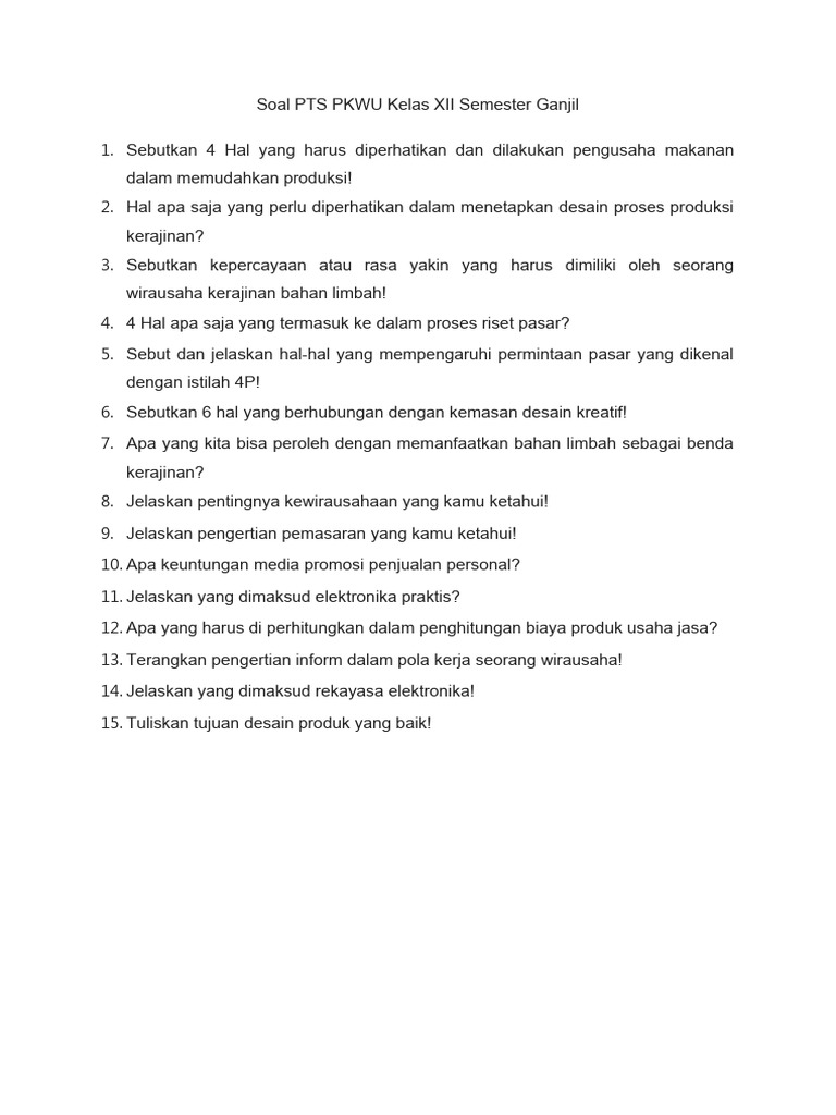 Soal PTS PKWU Kelas XII Semester Ganjil | PDF