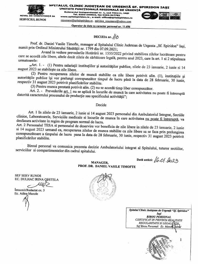 Decizie Zile Libere 2023 | PDF