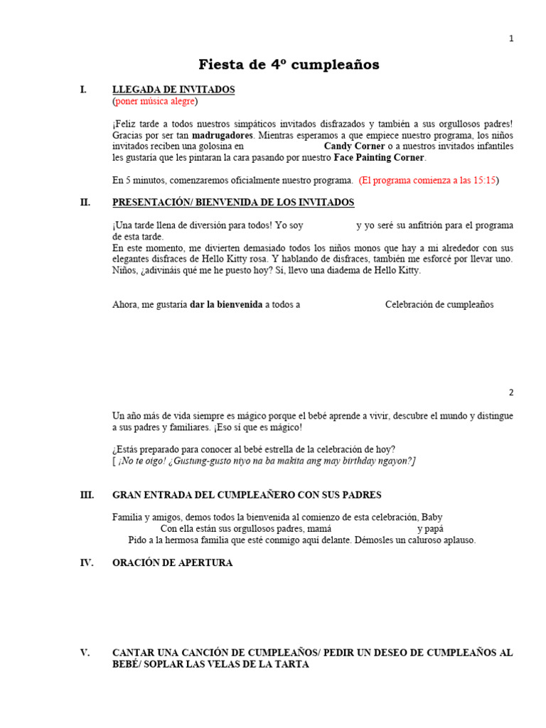 Guión Del Primer Cumpleaños | PDF | Cocina, comidas y vino