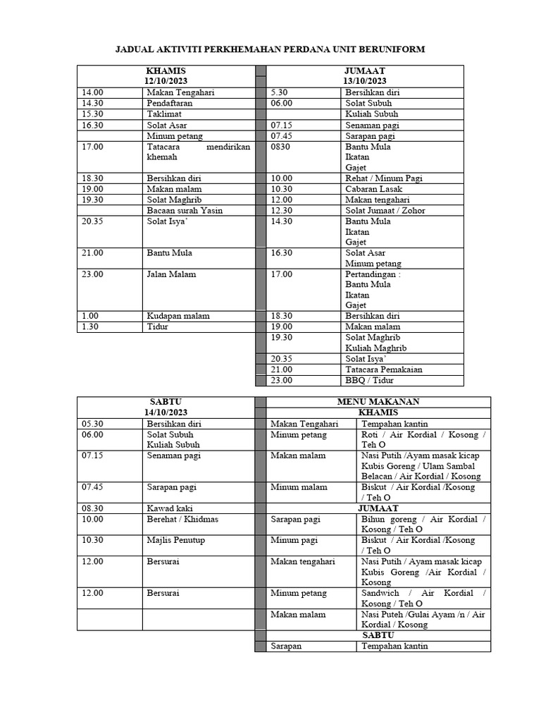 Jadual Aktiviti Perkhemahan Perdana Unit Berunifor | PDF