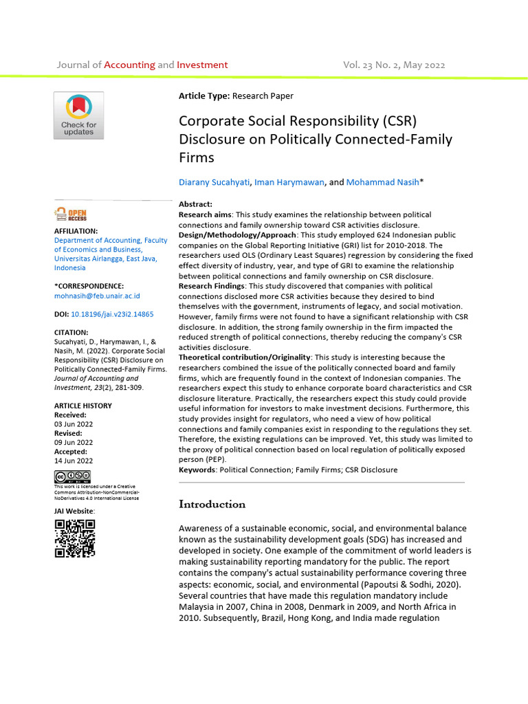 07 2022 Corporate Social Responsibility (CSR) Disclosure On Politically Connected Family Firms | PDF