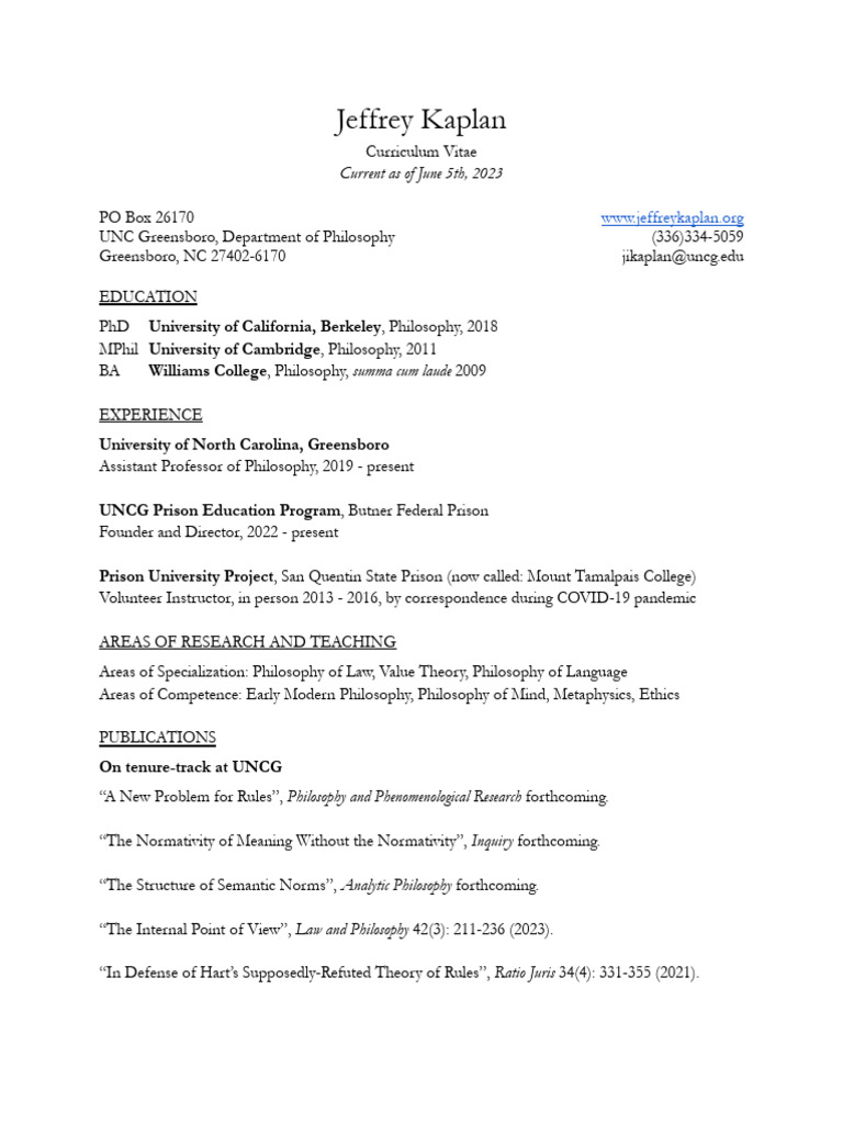 Jeffrey Kaplan: Philosophy CV 2023 | PDF