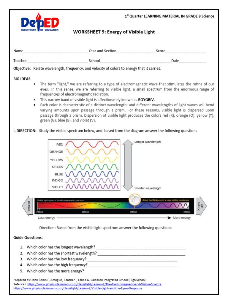Grade 8 Visible Light Worksheet | PDF | Light | Color