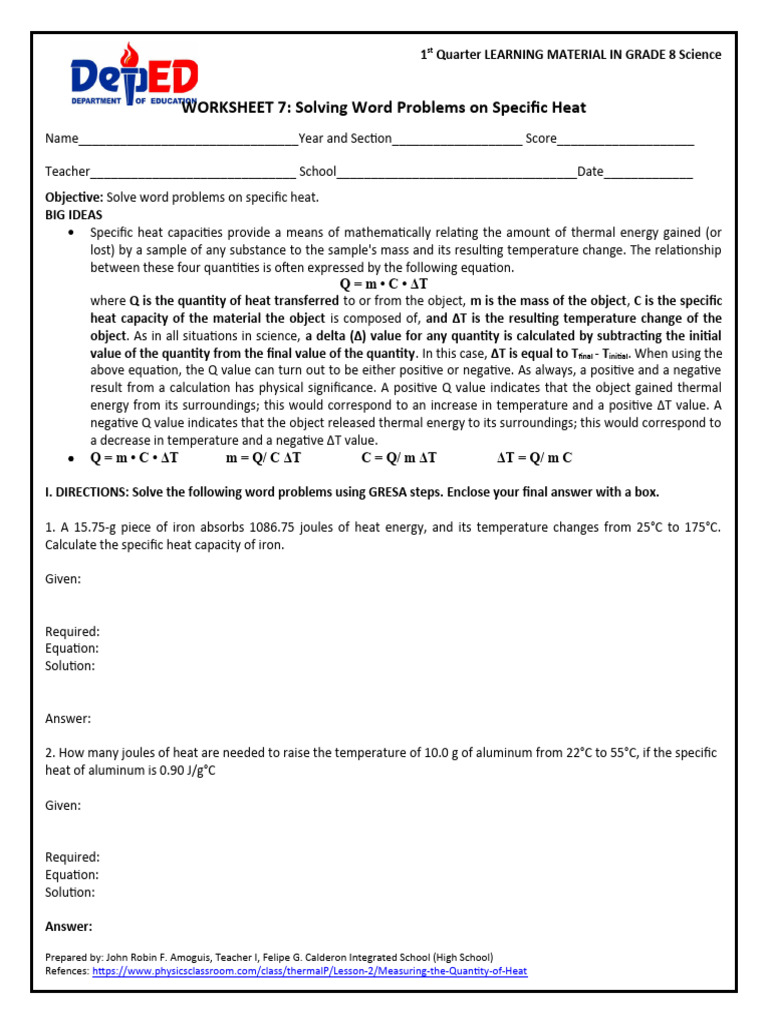 G8-W4 WS6 Solving Word Problems on Specific Heat | PDF | Heat | Quantity