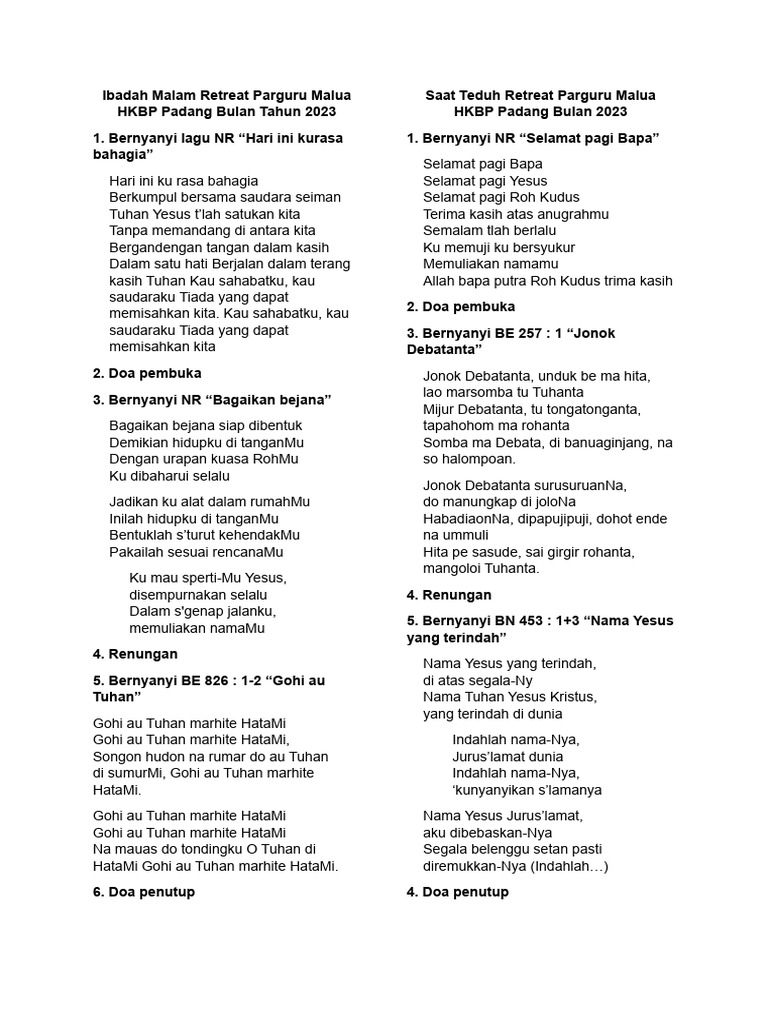 Ibadah Malam Retreat Parguru Malua HKBP Padang Bulan Tahun 2023 | PDF | Agama & Spiritualitas