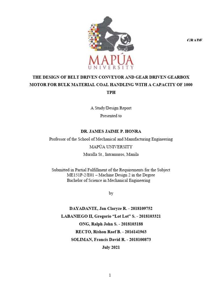 ME151P 2 - E01 Belt Driven Conveyor and Gear Driven Gearbox Motor With A Cpacity of 1000 TPH ...