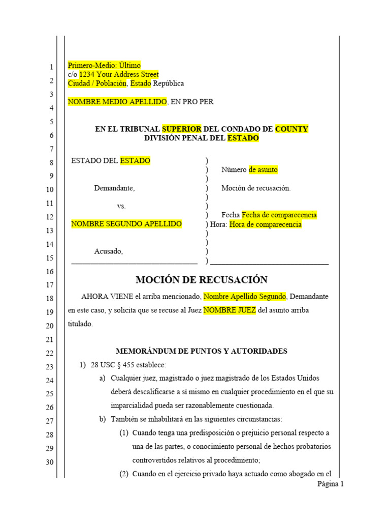 Plantilla de Moción para Recusar A Un Juez | PDF | Gobierno | Justicia
