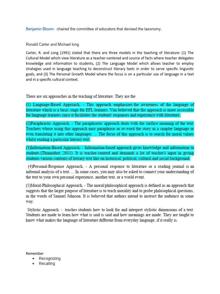 Teaching Literature: Approaches & Models | PDF | Knowledge | Experience
