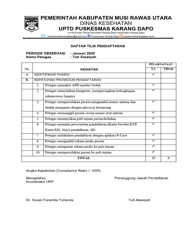 Data Hasil Evalusi Daftar Tilik Pendaftaran | PDF