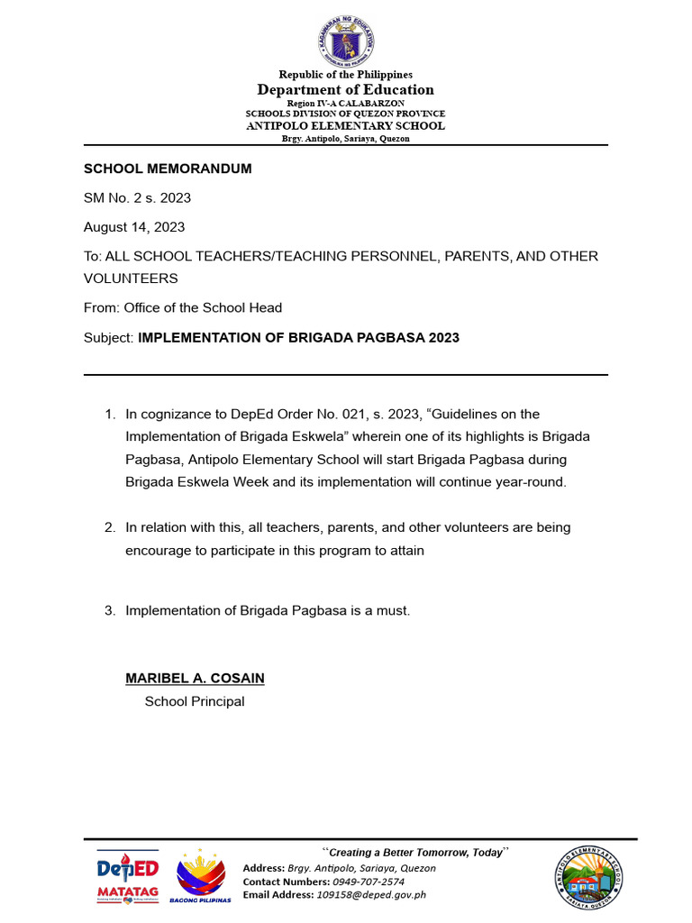 School Memo No. 2 Brigada Pagbasa | PDF