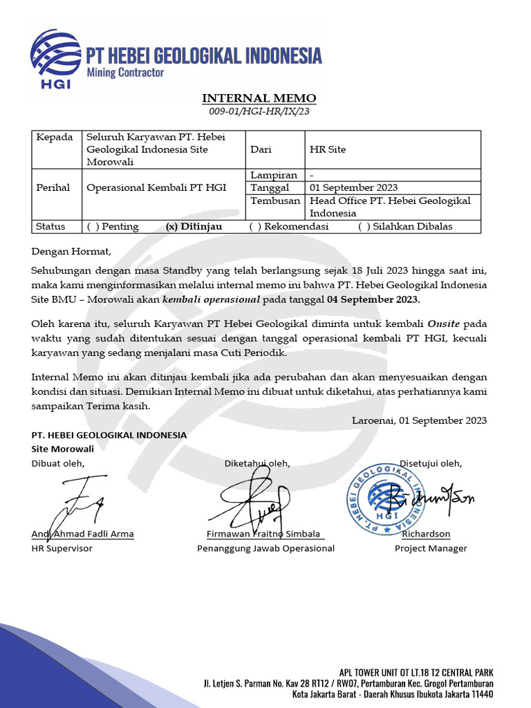 Internal Memo - Operasional Kembali PT HGI (Release 2 Sept 2023) | PDF