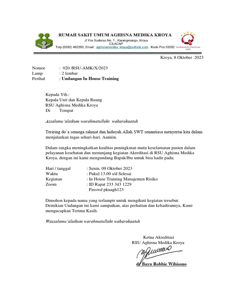 Undangan In House Training RSU Aghisna | PDF