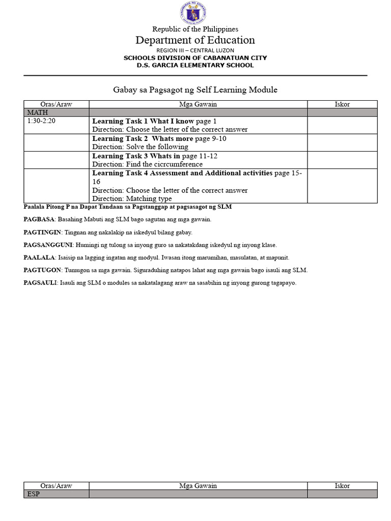 Gabay-sa-Pagsagot-ng-Self-Learning-Module-o-Home-Learning-Guide Week1 | PDF