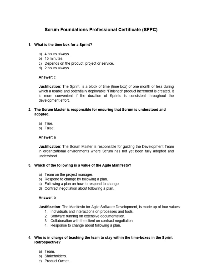 Exam Scrum Foundations Professional Certificate - Answers With Explanation | PDF | Scrum ...