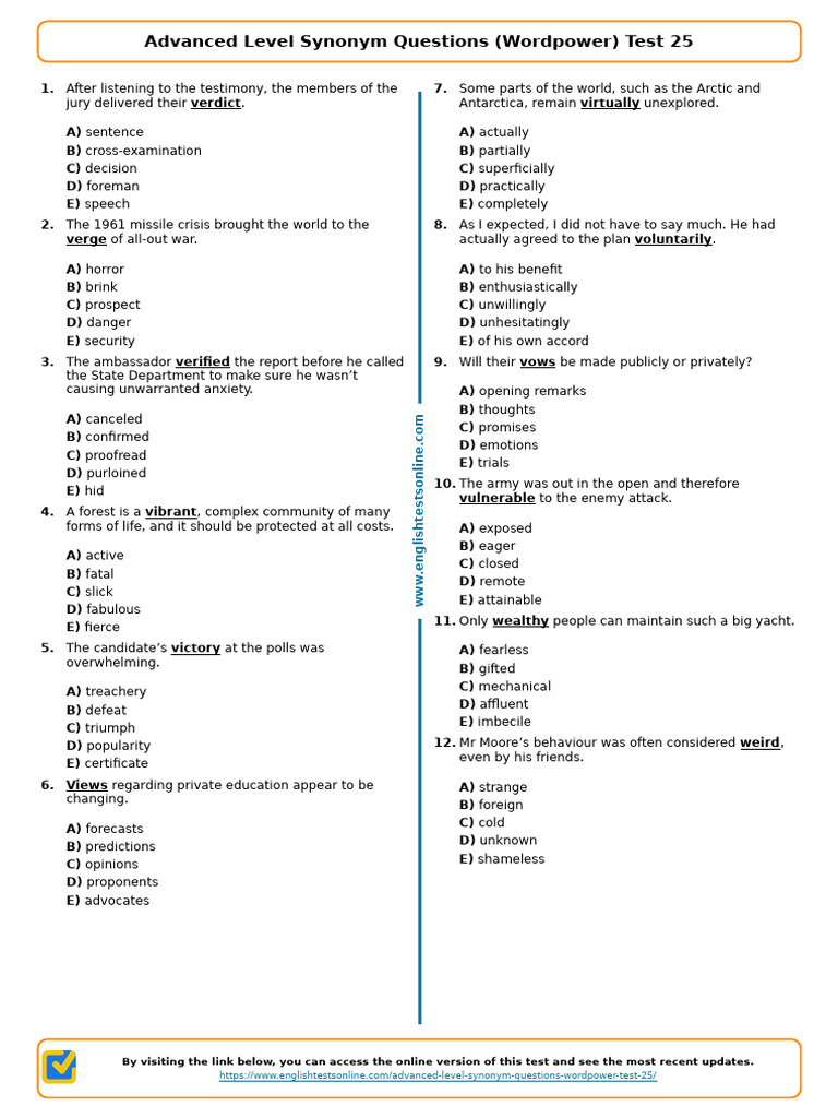 1738 - Advanced Level Synonym Questions Wordpower Test 25 | PDF