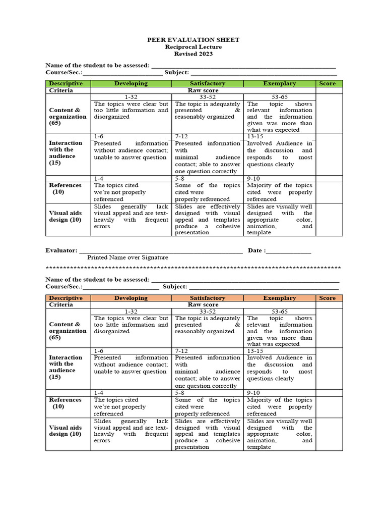 Gabica RUBRICS For Reciprocal Lecture Rev 2023 | PDF | Cognition | Human Communication