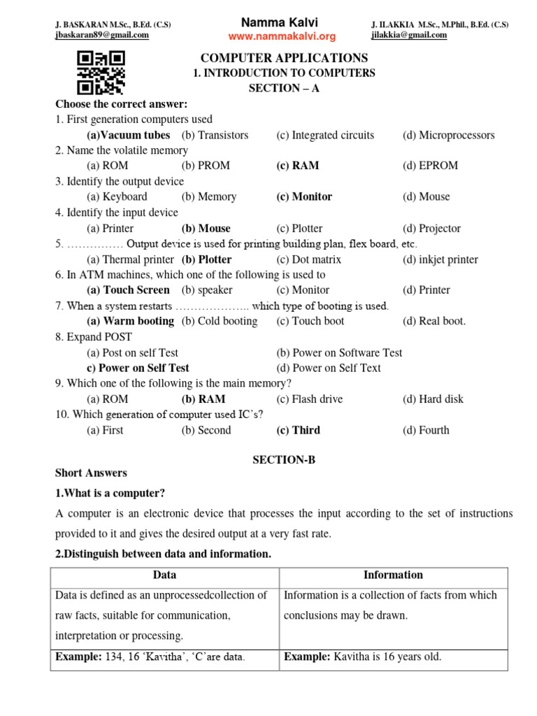 Namma Kalvi 11th Computer Applications Chapter 1 Study Material em | PDF | Computer Data Storage ...