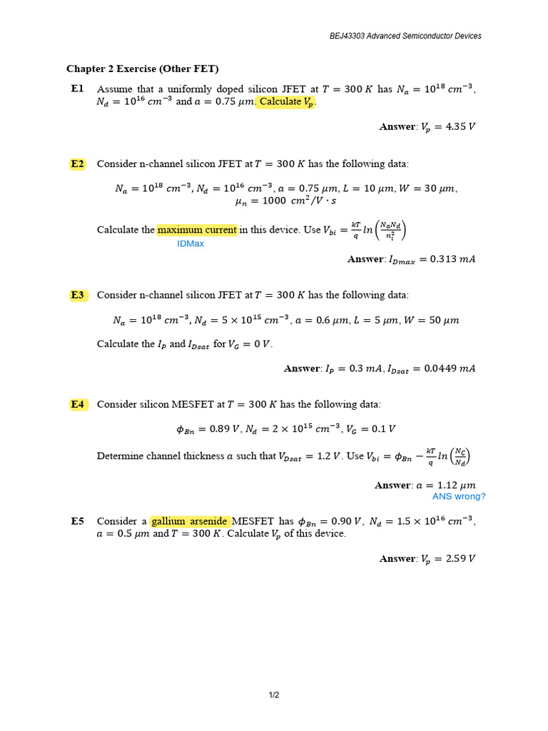 Exercisech 2 Fet | PDF | Field Effect Transistor | Information And ...