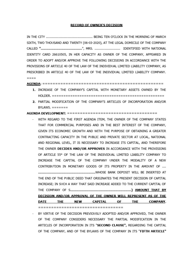 Eirl Capital Increase Minute Model | PDF | Business | Economies