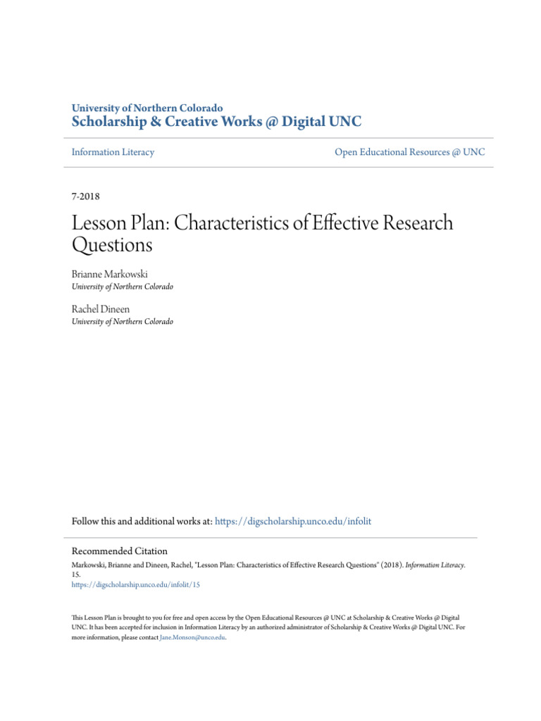 Lesson Plan - Characteristics of Effective Research Questions | PDF ...